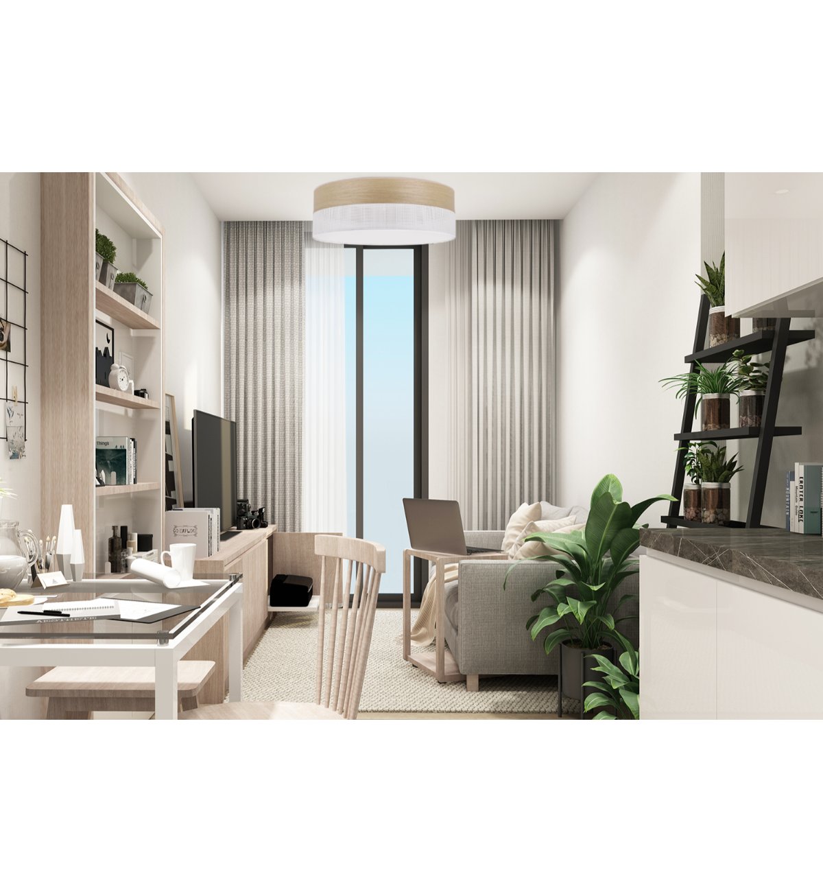 Lampa typu plafon z abażurem WOOD, sufitowa, biały drewniany żyrandol loft, E27 | Dobra Cena ...